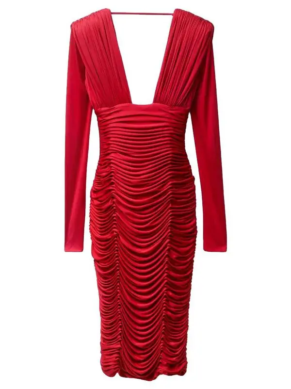 Versace Long-sleeve Ruched Midi Dress - Red