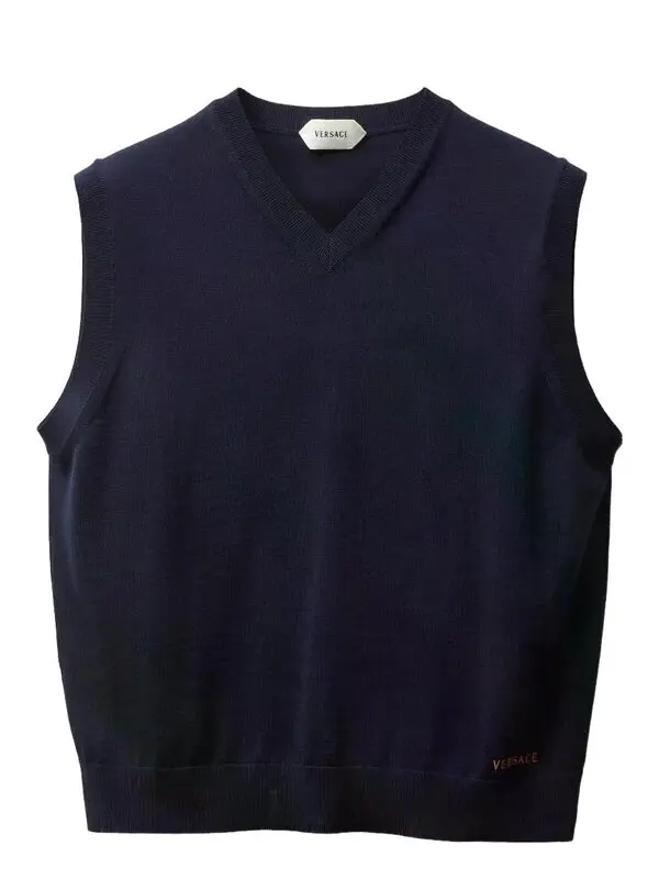 Versace Embroidered Wool Knit Vest - Blue