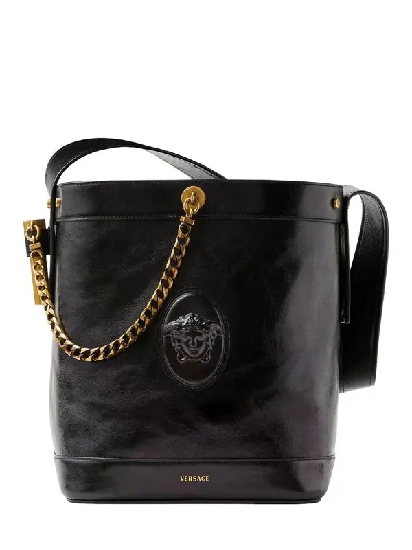Versace Pivot Small Leather Bucket Bag - Black