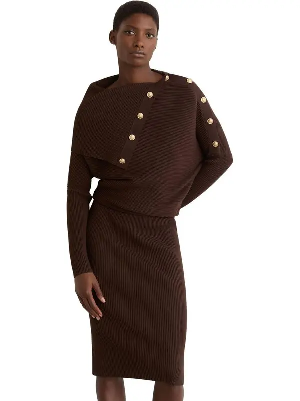 REISS Leana Draped Off-shoulder Rib-knit Dress - Chocolate Brown