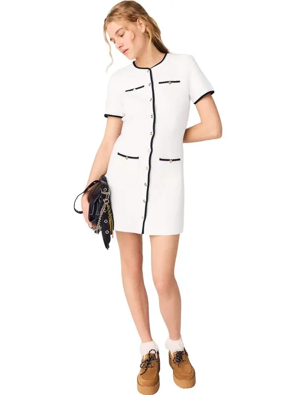 Maje Short Knit Dress With Contrasting Trim - Ecru