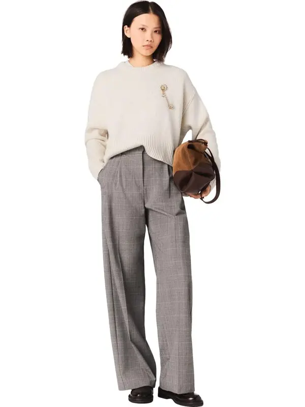 Maje Checked Wool Palazzo Trousers - Grey