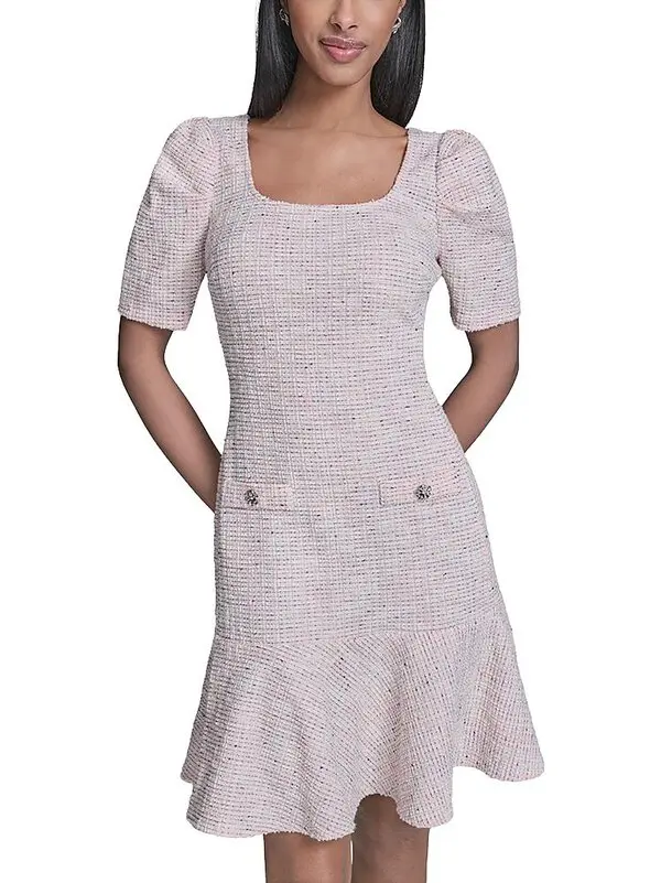 Karl Lagerfeld Paris Square Neck Knit Tweed Flounce Hem Dress - Pink Multi