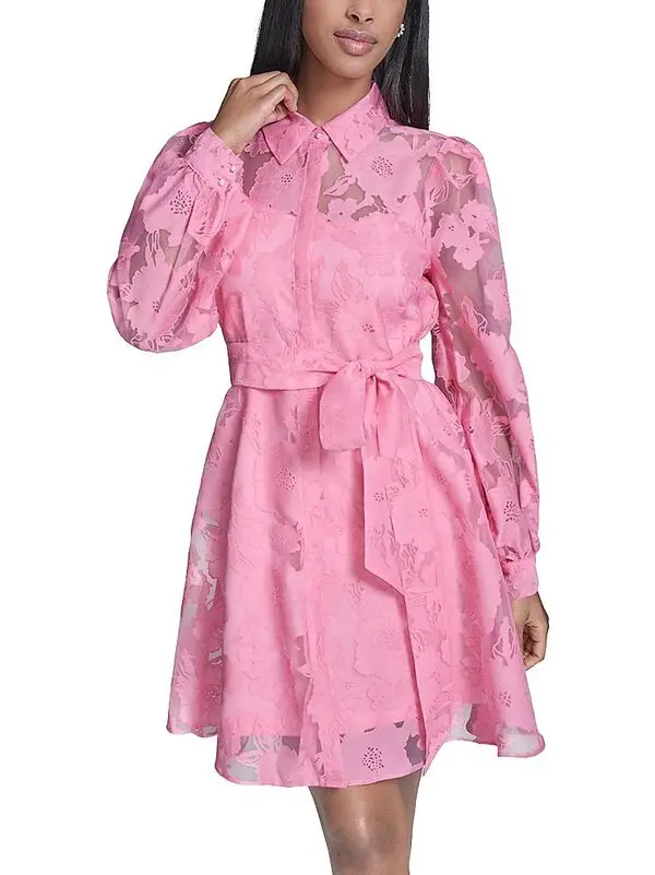Karl Lagerfeld Paris Floral Organza Shirt Dress - Pink Sherbert