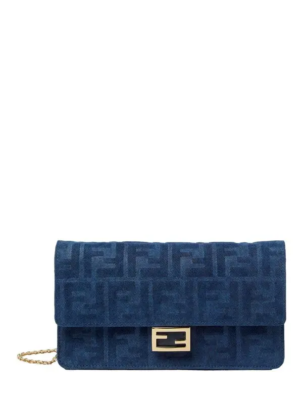 Fendi Wallet On Chain Baguette Shoulder Bag In Denimeffect Ff Corduroy - Blue