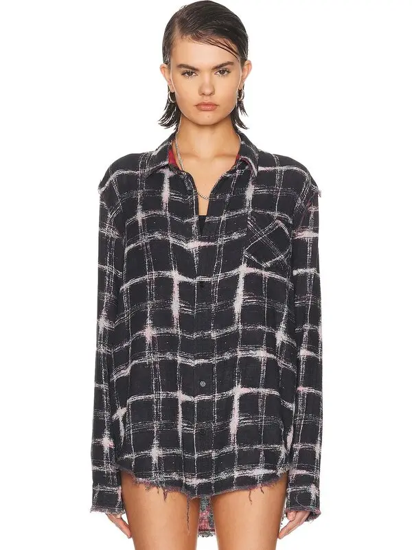 R13 Reversible Shredded Seam Shirt - Black Ecru Plaid With Red Leopard