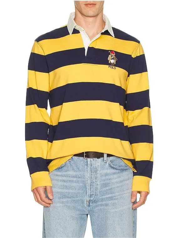 Polo Ralph Lauren Long Sleeve Jersey Knit Novelty Polo Society Bear Rugby Shirt In Navy,yellow - Newport Navy