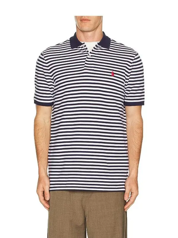 Polo Ralph Lauren Short Sleeve Mesh Polo Classic Fit White Stripe In Navy - Newport Navy White