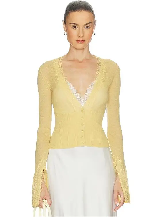 HELSA Bridgitte Lace Trim Cardigan - Yellow