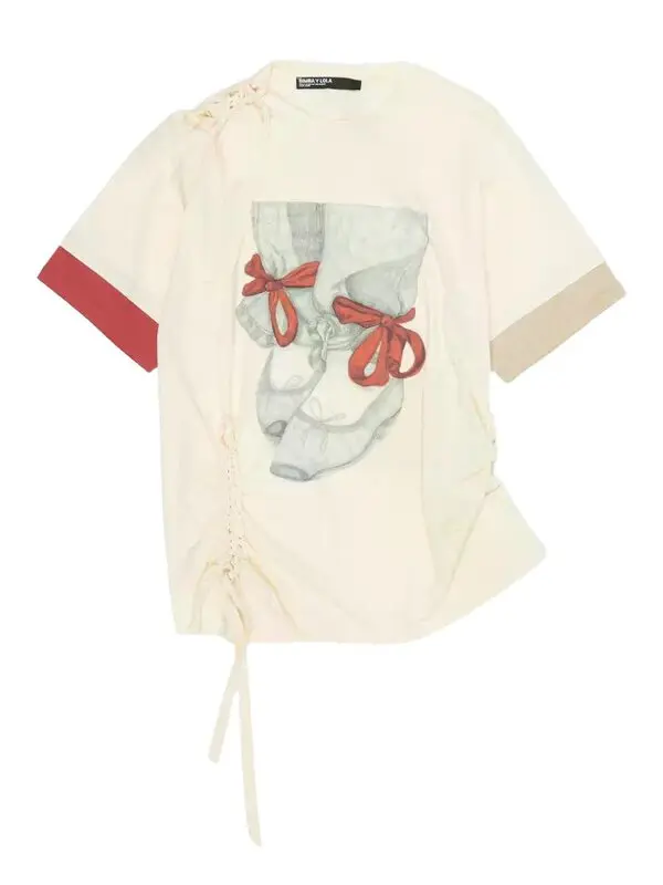 Bimba Y Lola Graphic-print Ruched T-shirt - Neutrals
