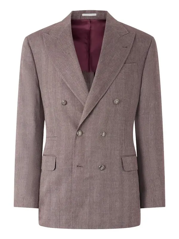 Brunello Cucinelli Double-breasted Herringbone Linen And Virgin Wool-blend Suit Jacket - Brown
