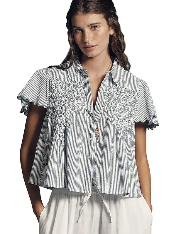 Maeve Cotton Scalloped Swing Top - Blue Stripe