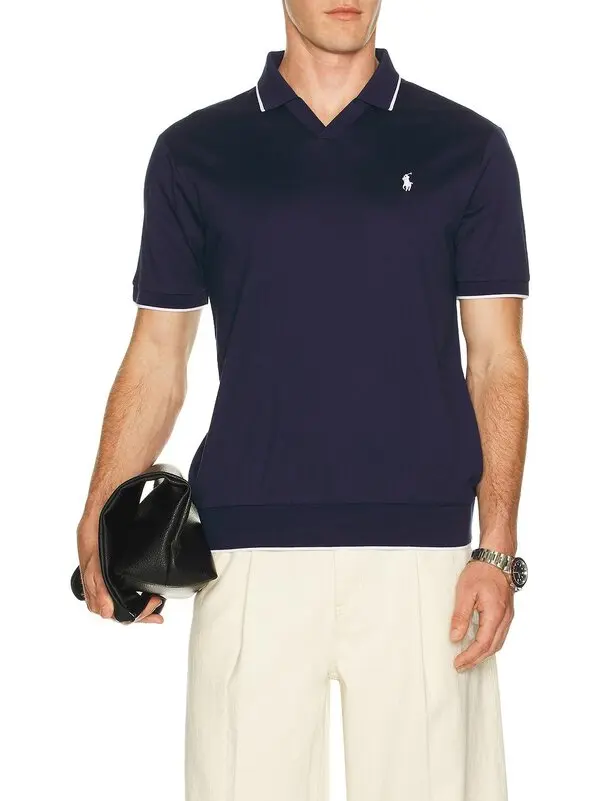 Polo Ralph Lauren Short Sleeve Jacquard Pique Johnny Collar Polo In Navy - Newport Navy