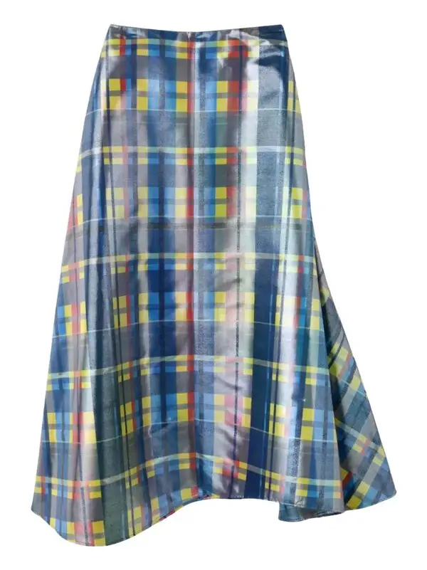 ENFOLD Checked Asymmetric Hem Skirt - Blue