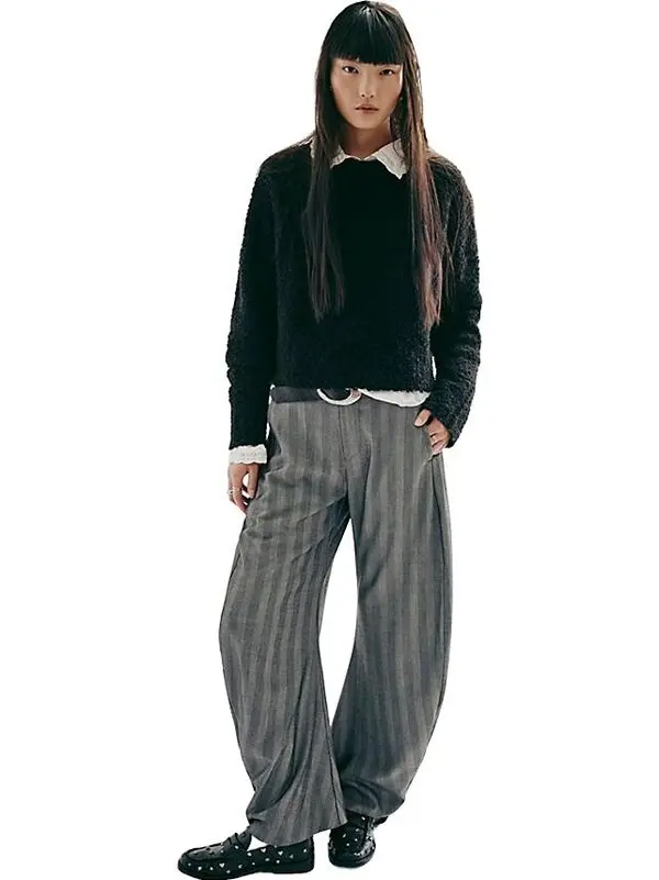 Free People Pinstripe Barrel Trousers - Grey Combo