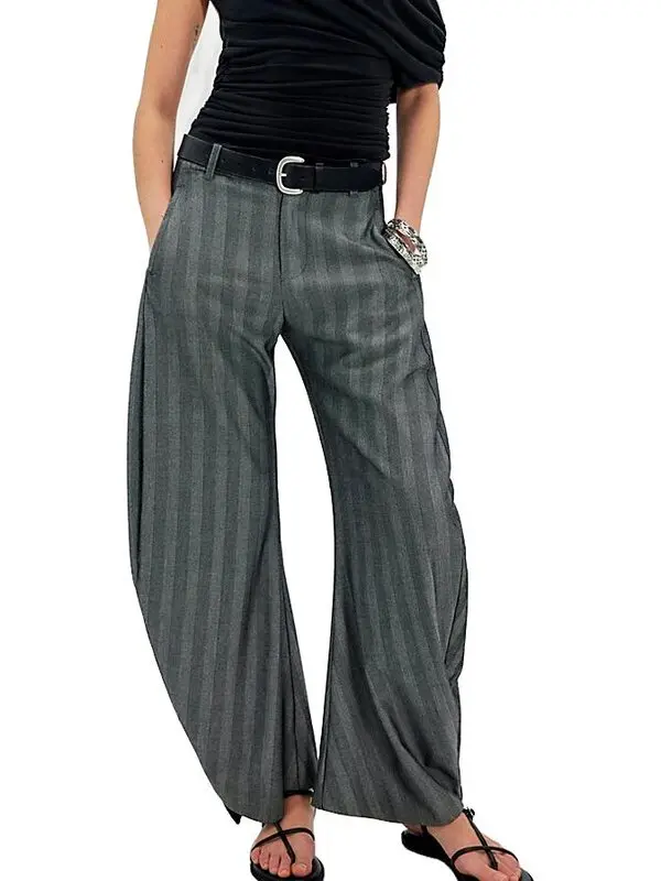 Free People Spotlight Pinstripe Barrel Trousers - Grey Combo