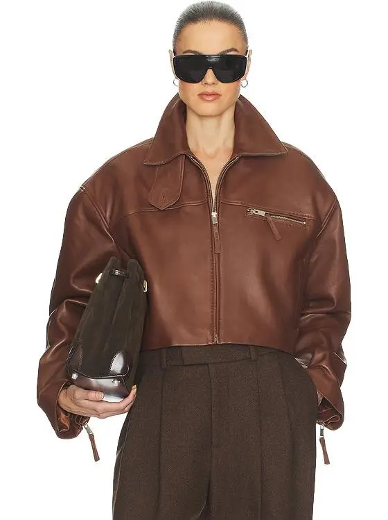 HELSA Leather Oversized Moto Jacket - Brown