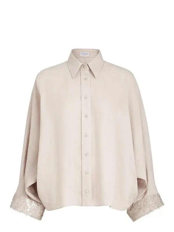 Brunello Cucinelli Linen Button-up Shirt With Embellished Cuffs - Beige