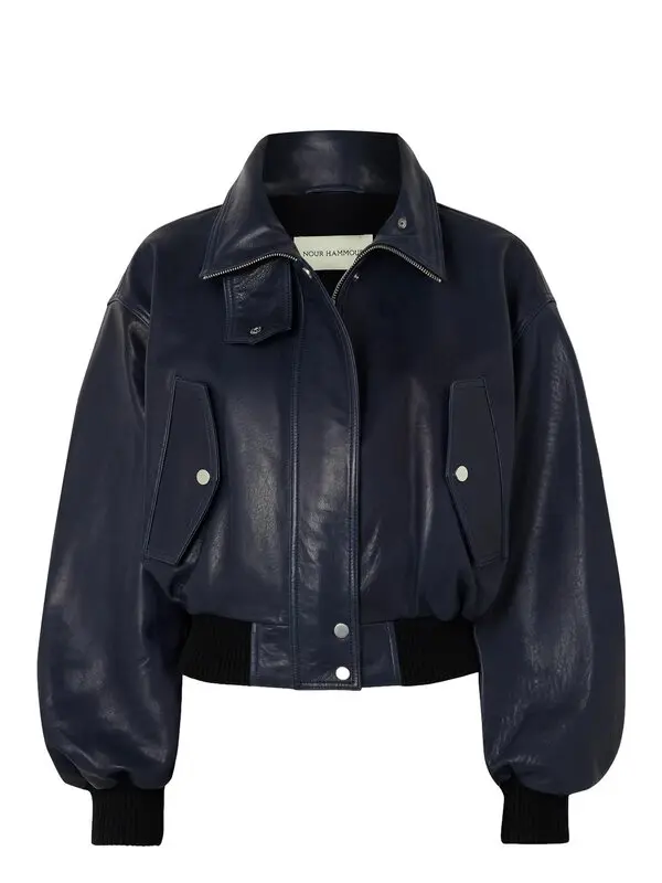Nour Hammour Briar Cropped Leather Bomber Jacket - Blue