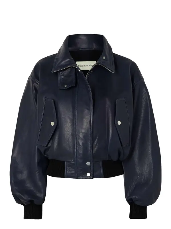 Nour Hammour Briar Cropped Leather Bomber Jacket - Navy