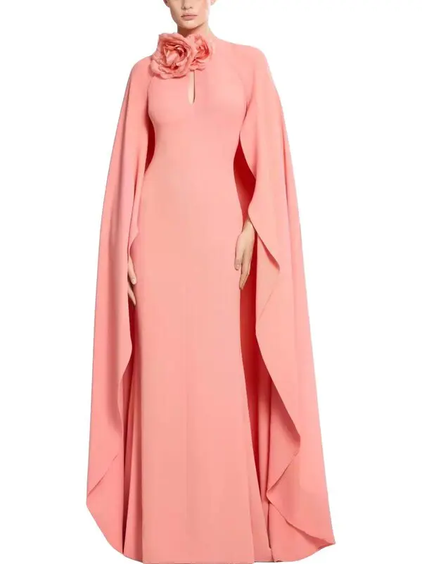 Elie Saab Floral Appliqué Cape Dress - Pink