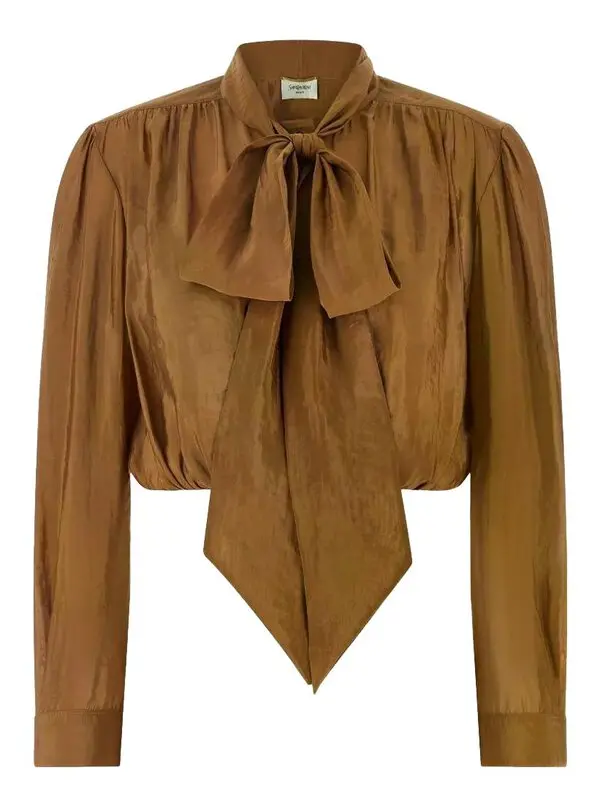 Saint Laurent Tie-neck Cropped Blouse - Brown