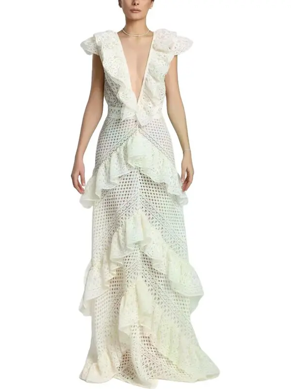 MIAU BY CLARA ROTESCU Lilly Ruffled Crochet Maxi Dress - Neutrals