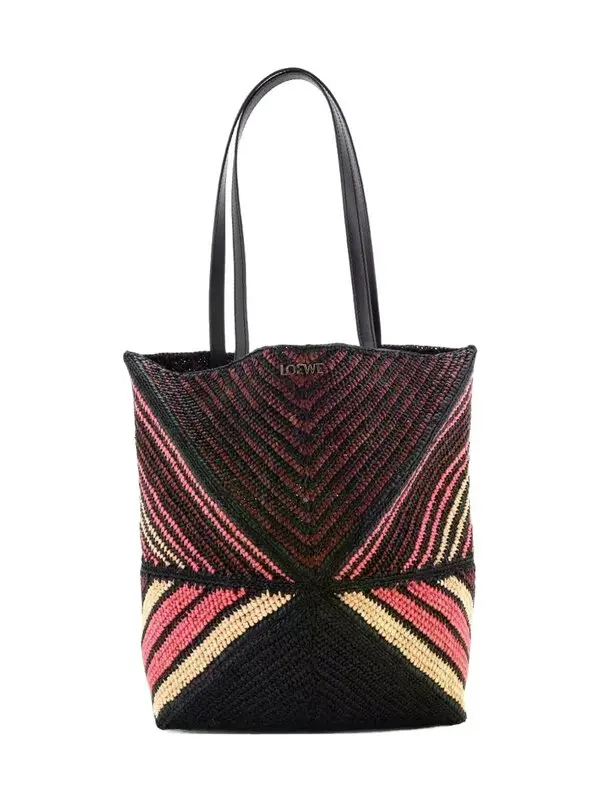 Loewe Puzzle Fold Raffia Medium Tote Bag - Black