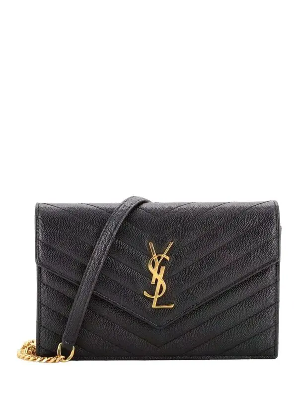 Saint Laurent Classic Monogram Wallet On Chain Matelasse Chevron Leather Small Crossbody Bag - Black