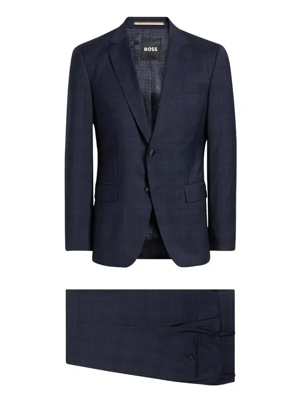 BOSS Huge Slim Fit Navy Check Virgin Wool Suit - Dark Blue