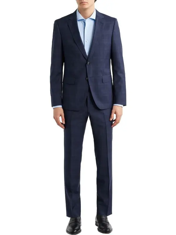 BOSS Huge Slim Fit Navy Check Virgin Wool Suit - Dark Blue