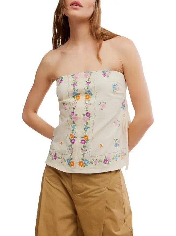 Free People Embroidered Strapless Cotton Top - Cream Combo