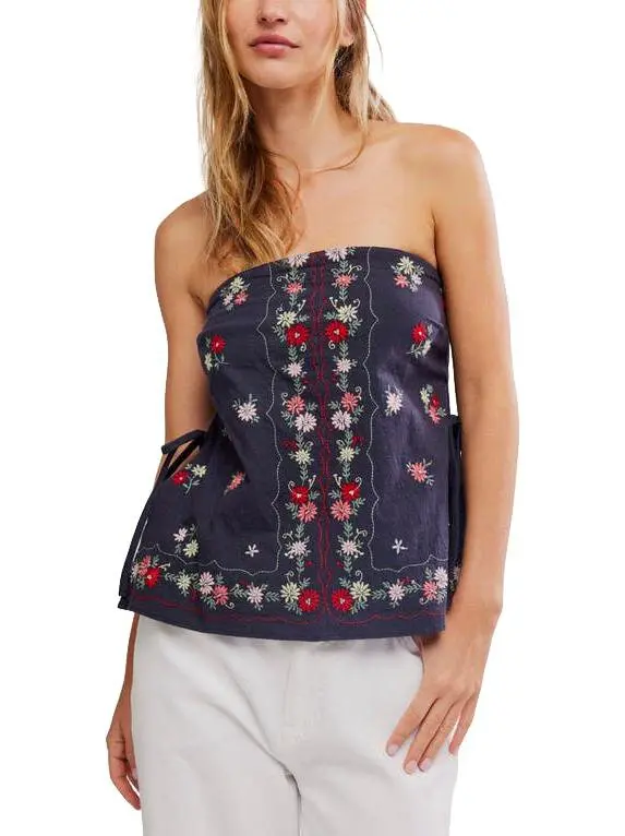 Free People Embroidered Strapless Cotton Top - Navy Combo