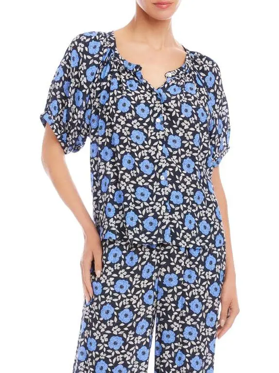 Karen Kane Floral Print Puff Sleeve Blouse - Blue Print