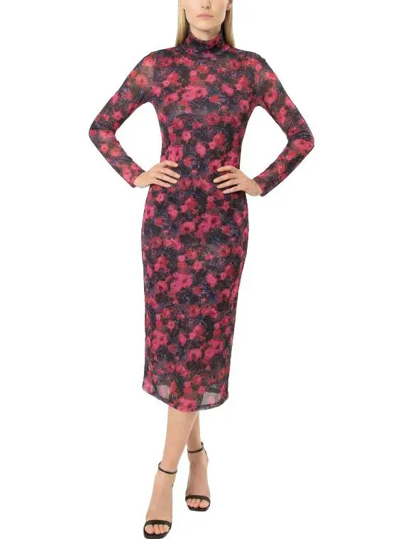 AREA STARS Phi Midi Mock Neck Jersey Dress - Rose Print