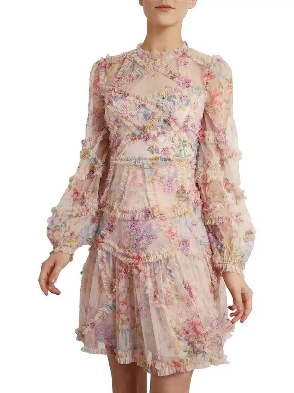 NEEDLE & THREAD Floral Diamond Ruffle Dress - Topaz Pink