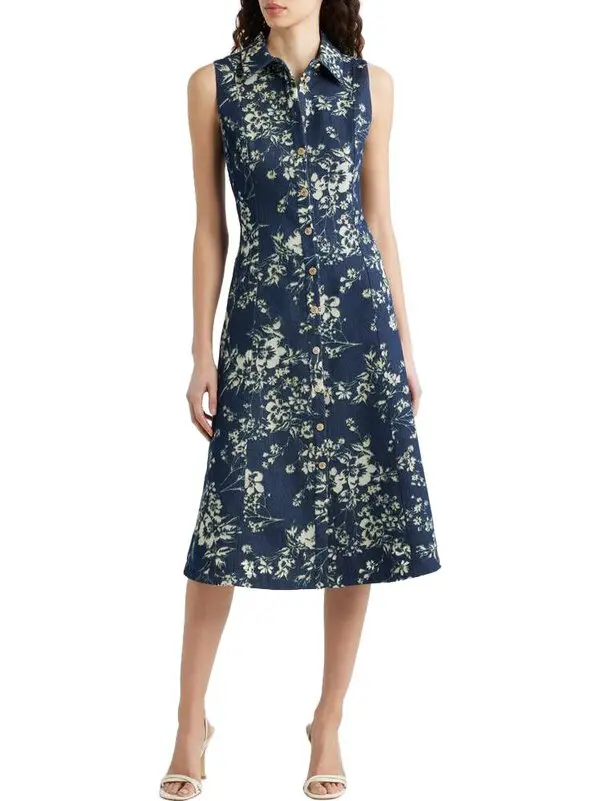 Elie Tahari Floral Burnout Denim Midi Dress - Dark Denim