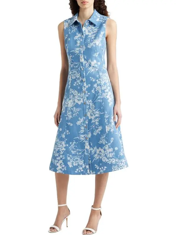 Elie Tahari Floral Burnout Denim Midi Dress - Light Denim