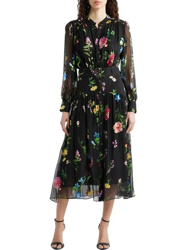 Elie Tahari Janice Floral Print Long Sleeve Dress - Noir Denim Garden