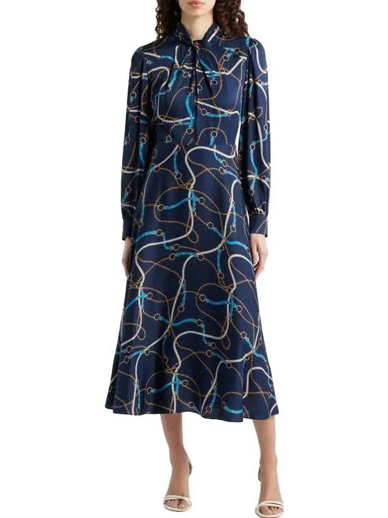 Elie Tahari The Raquel Placed Floral Long Sleeve Silk Blend Dress - Denim Chain Print