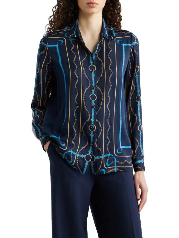 Elie Tahari Julianna Printed Silk-blend Shirt - Denim Chain Print