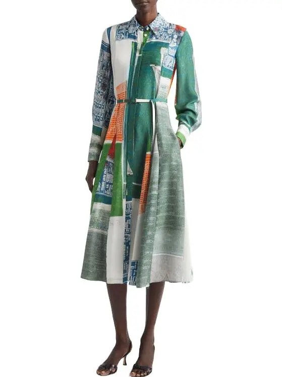 JASON WU Collage Print Sandwashed Silk Shirt Dress - Blue Green Multi