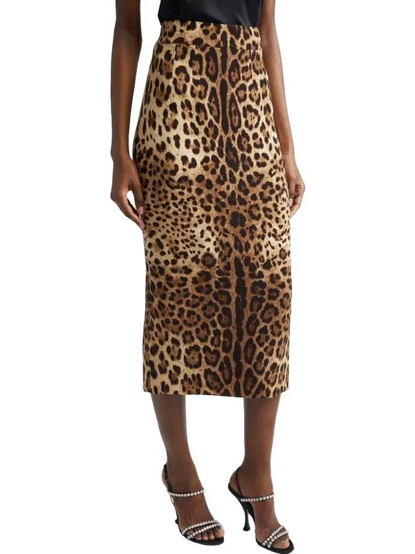 Dolce & Gabbana Leopard Print Stretch Silk Charmeuse Pencil Skirt - Leo New