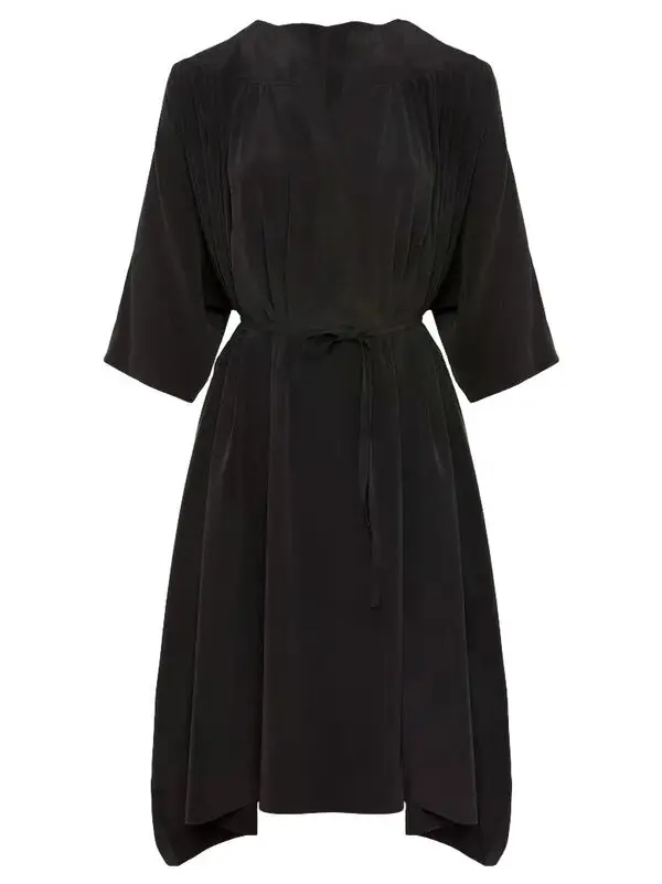 YVES SALOMON V-neck Tie Silk Midi Dress - Black