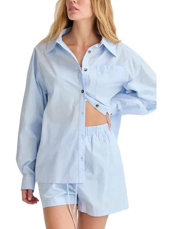 CRESCENT Oversized Poplin Shirt With High-rise Elastic Waist Shorts - Light Blue