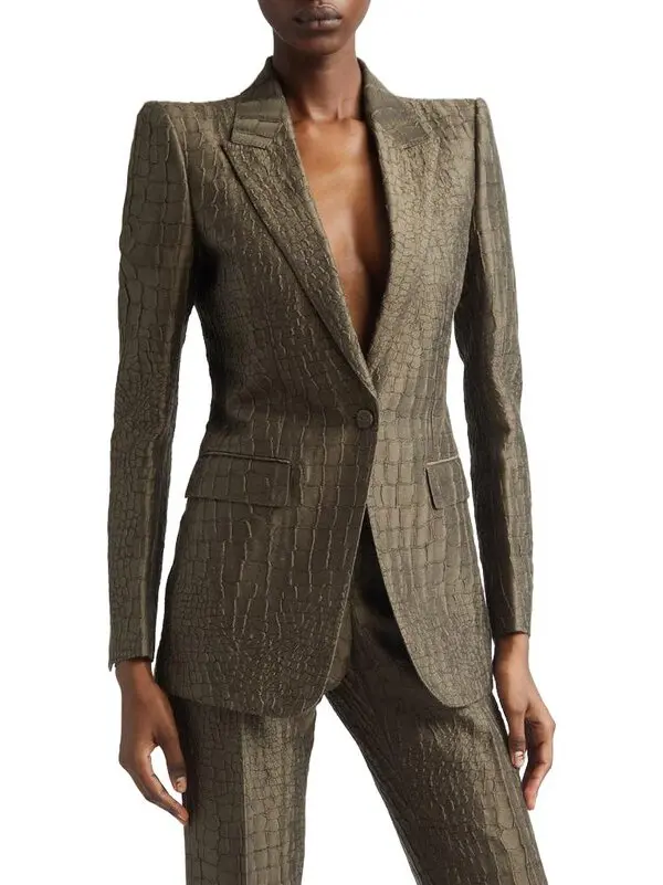 TOM FORD Crocodile Linen & Silk Blend Jacquard Jacket - Olive Green