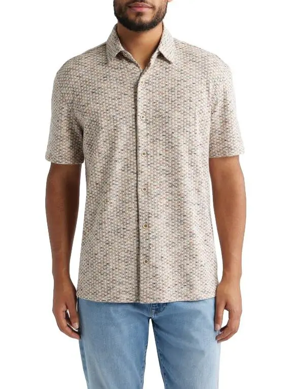 Johnston & Murphy Linden Textured Short Sleeve Button-up Shirt - Ivory/brown Stripe