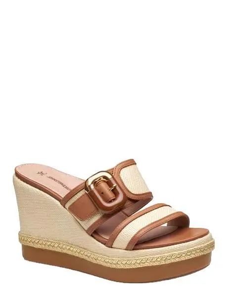 Johnston & Murphy Buckle Platform Wedge Slides - Natural Raffia