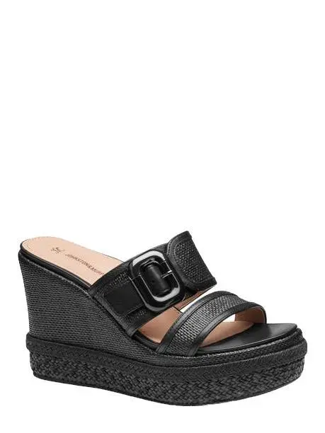 Johnston & Murphy Buckle Platform Wedge Slides - Black Raffia/nappa Leather