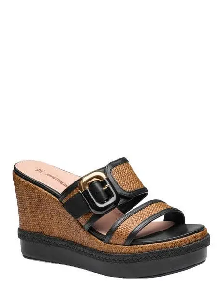 Johnston & Murphy Addison Buckle Platform Wedge Sandals - Cognac Raffia